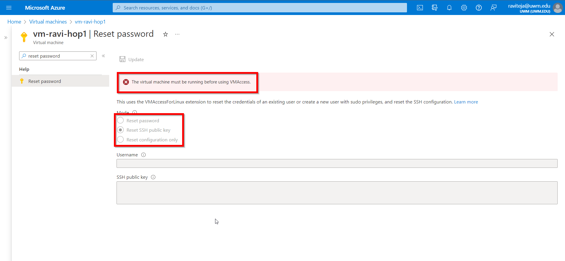 Azure VM Password Reset feature – UW-Milwaukee Cloud Computing