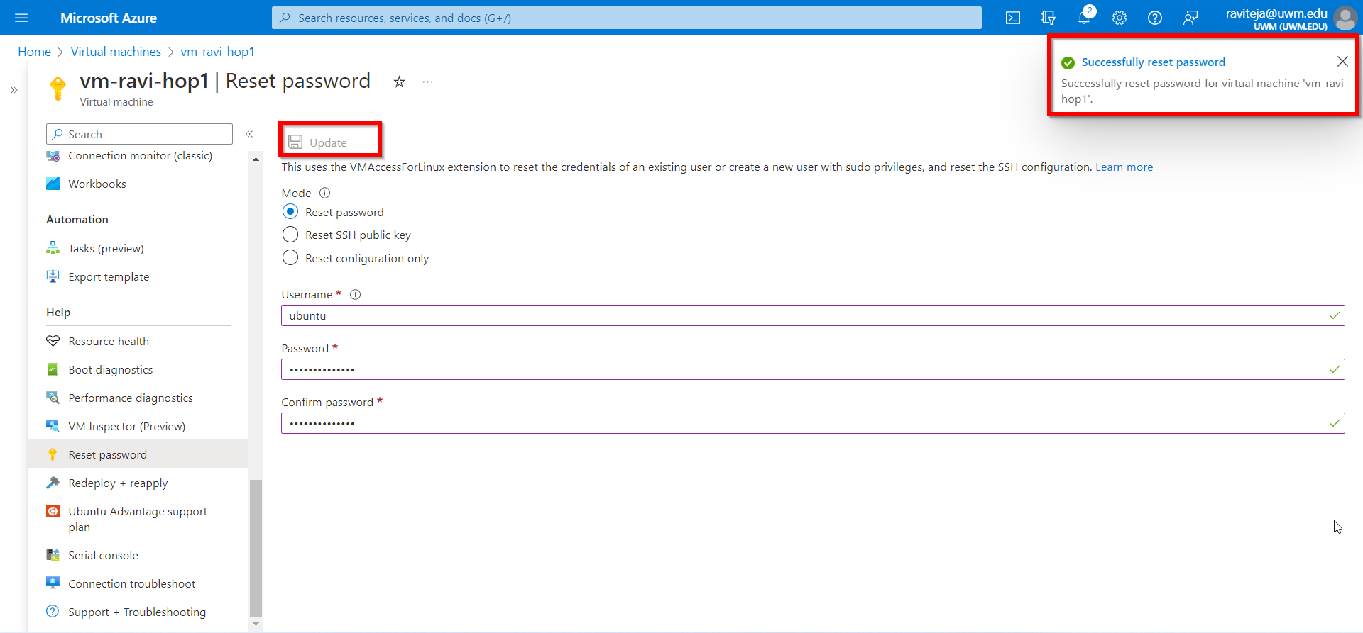 Azure VM Password Reset feature – UW-Milwaukee Cloud Computing